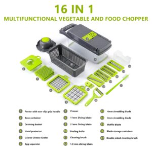 YAYAYOUNG Vegetable Chopper,Multifunctional 16 in 1 Food Chopper,Veggie Chopper with Container,Pro Onion Chopper,Potato Slicer,Kitchen Cutter Slicer Dice(Grey)