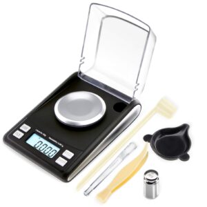 fuzion digital milligram scale 50/0.001g, high precision jewelry scale with 20g cal weight, scoop, powder pan and tweezers for powder medicine, reloading(batteries included)