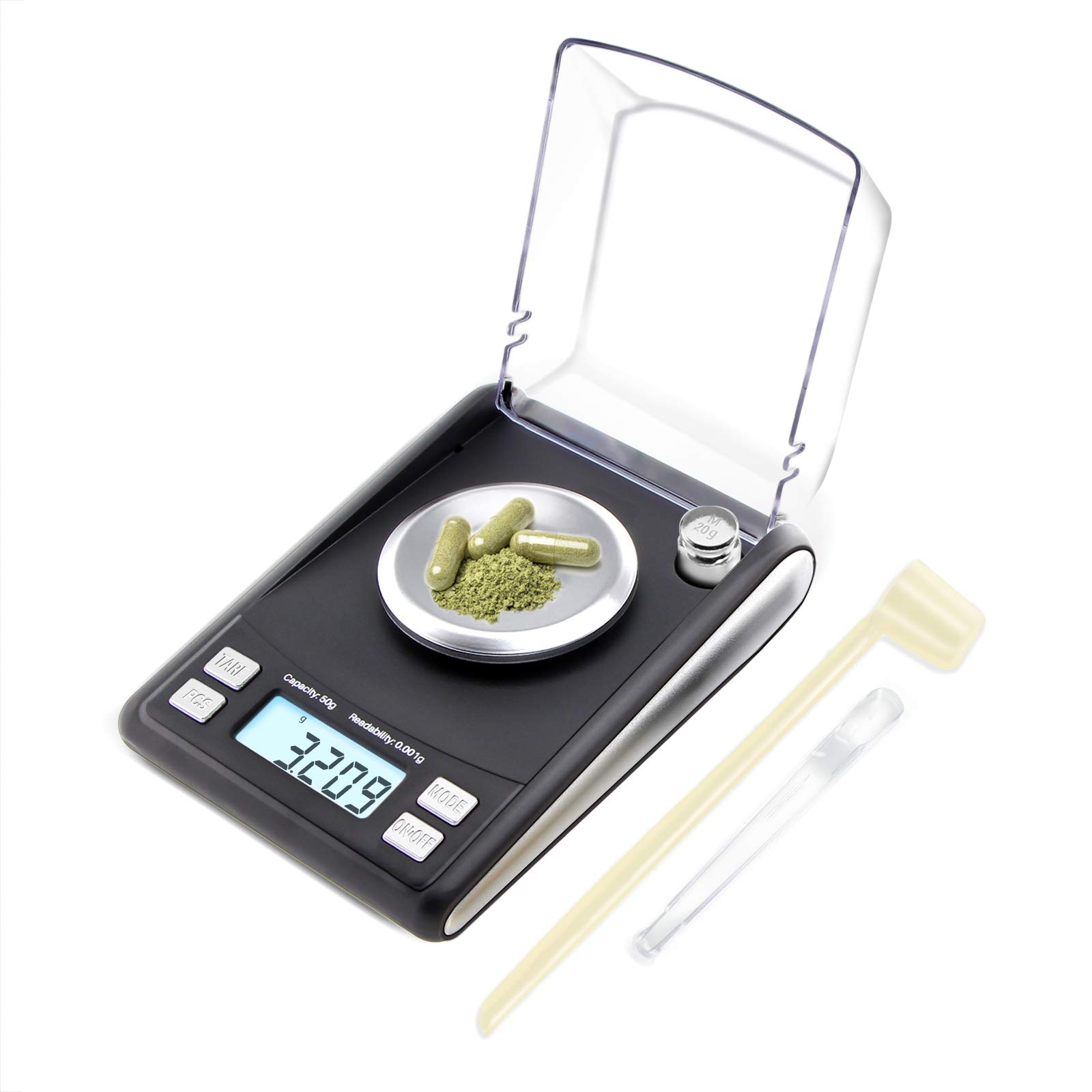 Fuzion Digital Milligram Scale 50/0.001g, High Precision Jewelry Scale with 20g Cal Weight, Scoop, Powder Pan and Tweezers for Powder Medicine, Reloading(Batteries Included)