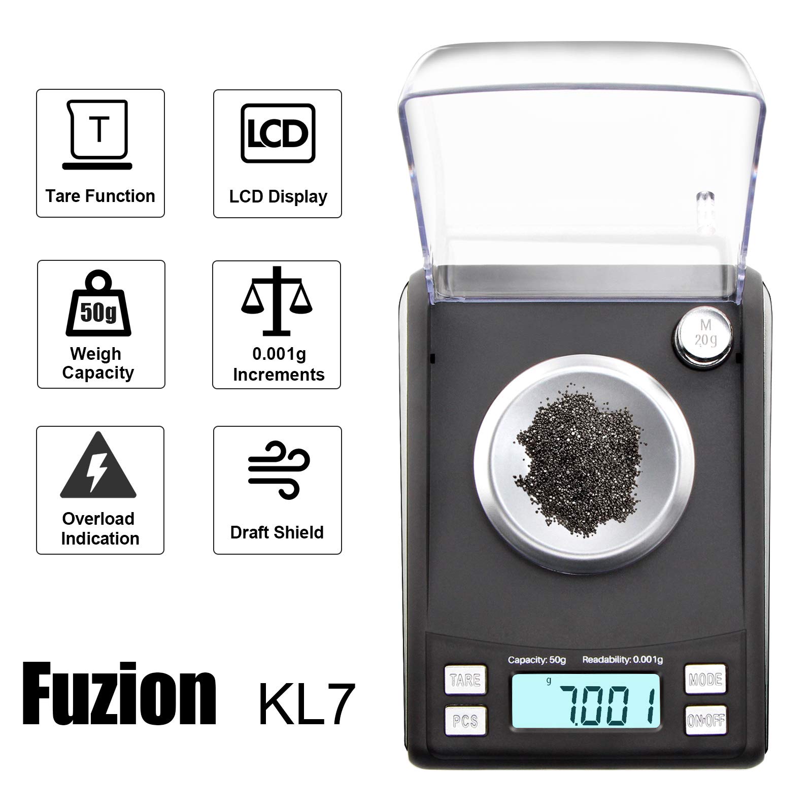 Fuzion Digital Milligram Scale 50/0.001g, High Precision Jewelry Scale with 20g Cal Weight, Scoop, Powder Pan and Tweezers for Powder Medicine, Reloading(Batteries Included)