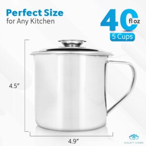 Aulett Home Bacon Fat Container With Oil Strainer - Storing Fats, Cooking Oil, Drippings - Oil Separator for Cooking - 1.25 Quart or 5 Cups Stainless Steel Grease Keeper with Oil Fat Separator