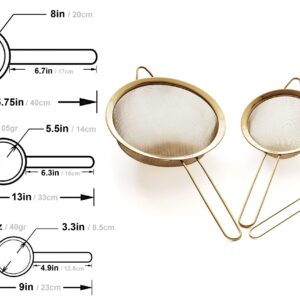 Proto Future Strainer Set Fine Mesh – Premium 304 Stainless Steel (18/8) – 3.3″, 5.5″ and 8″ Sturdy Kitchen Strainers (Gold)