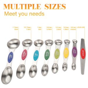 Magnetic Measuring Spoons Set, 8pcs Nesting Stainless Steel Teaspoon Measuring Spoons with Leveler, Stackable Dual Sided Tablespoon Measure Spoon for Measuring Dry and Liquid Ingredients