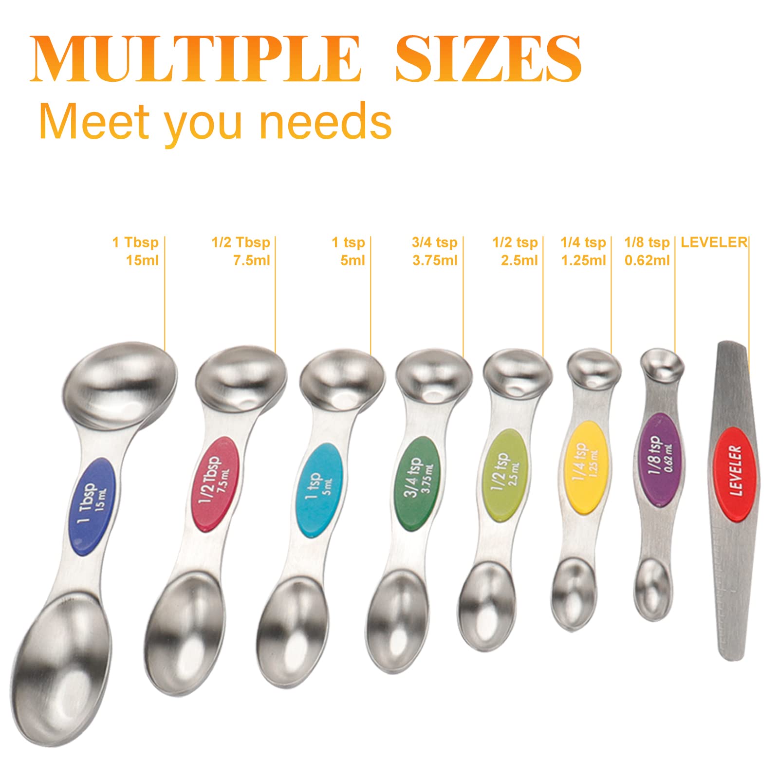 Magnetic Measuring Spoons Set, 8pcs Nesting Stainless Steel Teaspoon Measuring Spoons with Leveler, Stackable Dual Sided Tablespoon Measure Spoon for Measuring Dry and Liquid Ingredients