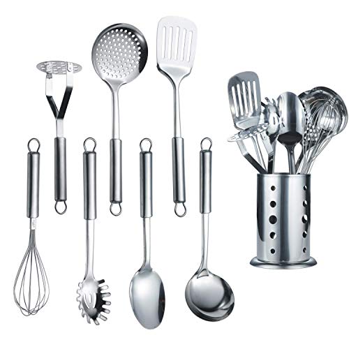 Berglander Cooking Utensil Set 8 Piece, Stainless Steel Kitchen Tool Set with Stand,Cooking Utensils, Slotted Tuner, Ladle, Skimmer, Serving Spoon, Pasta Server,Potato Maseher, Egg Whisk. （8 Pieces）