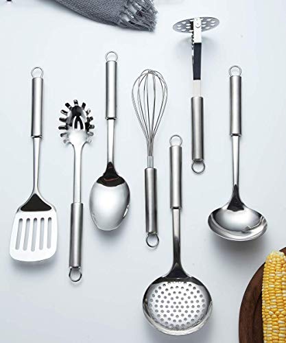 Berglander Cooking Utensil Set 8 Piece, Stainless Steel Kitchen Tool Set with Stand,Cooking Utensils, Slotted Tuner, Ladle, Skimmer, Serving Spoon, Pasta Server,Potato Maseher, Egg Whisk. （8 Pieces）