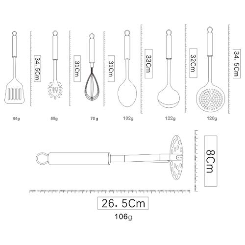 Berglander Cooking Utensil Set 8 Piece, Stainless Steel Kitchen Tool Set with Stand,Cooking Utensils, Slotted Tuner, Ladle, Skimmer, Serving Spoon, Pasta Server,Potato Maseher, Egg Whisk. （8 Pieces）