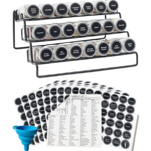 GONGSHI 3 Tier Cabinet Spice Rack Organizer with 21 Empty Glass Spice Jars (4oz), 386 Spice Labels, Chalk Marker and Funnel for Pantry Cupboard or Countertop, Black