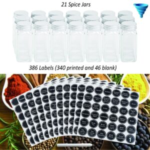 GONGSHI 3 Tier Cabinet Spice Rack Organizer with 21 Empty Glass Spice Jars (4oz), 386 Spice Labels, Chalk Marker and Funnel for Pantry Cupboard or Countertop, Black