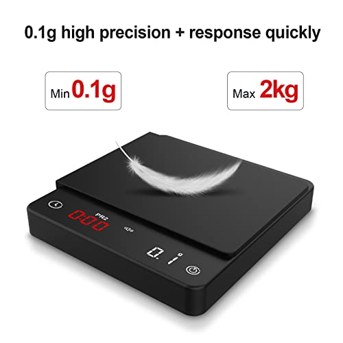 Coffee Scale, Espresso Scale,Weigh Digital Coffee Scale with Timer, 2kg/0.1g High Precision Pour Over Hand Drip Scale Weighing Instrument Auto Mode(LED,Black,Rechargeable)