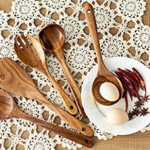 Wooden Kitchen Utensils Set, 5 PCs Natural Acacia Spurtle Set for Non-stick Pan Kitchen Tool Ladle and Wok Spatulas, Salad fork