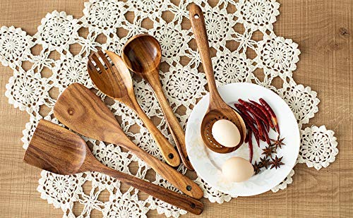 Wooden Kitchen Utensils Set, 5 PCs Natural Acacia Spurtle Set for Non-stick Pan Kitchen Tool Ladle and Wok Spatulas, Salad fork