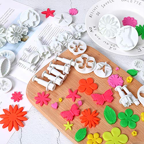 AOSHANG 33 Pcs Fondant Cake Cookie Plunger Cutter Fondant Cake Cutter Mold Sugar craft Flower Leaf Butterfly Heart Shape Decorating Mold DIY Tools