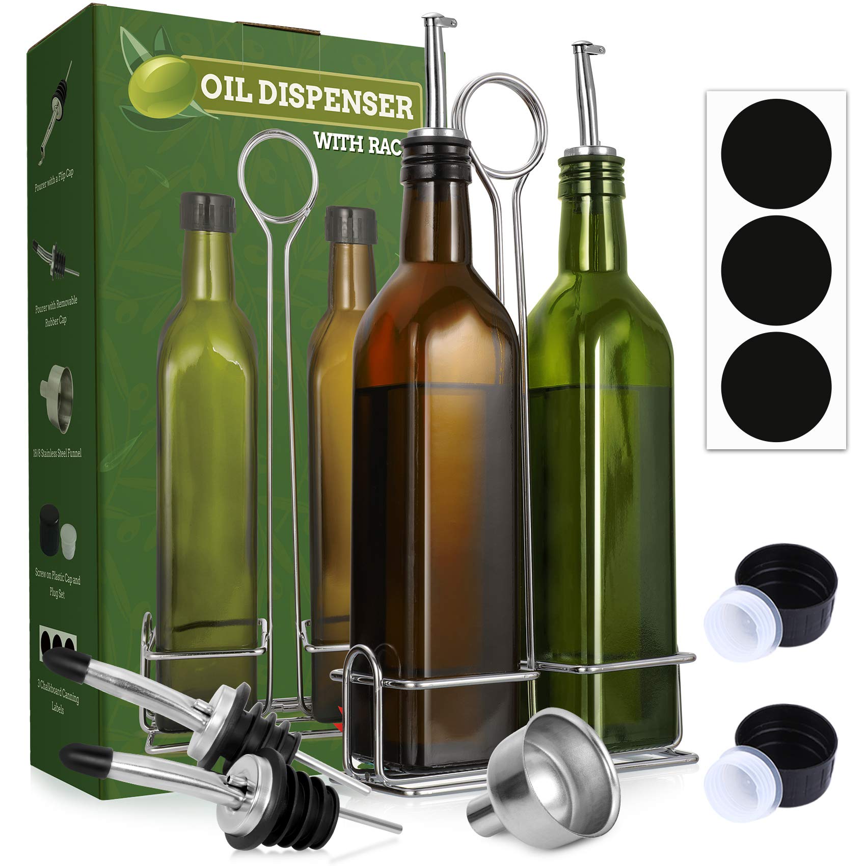 AOZITA 17oz Olive Oil Dispenser Bottle Set with Stainless Steel Holder Rack - 500ml Glass Oil & Vinegar Cruet with No-drip Pourers, Funnel, and Labels - Dark Green & Brown