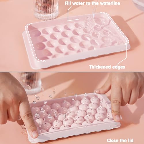 Miaowoof Round Ice Cube Tray with Lid & Bin(2 Pack), Ice Tray for Mini Fridge Freezer Saving Space, 66 x 0.8IN Sphere Ice Cube Mold with Scoop Making Sphere Ice Balls for Coffee&Juice