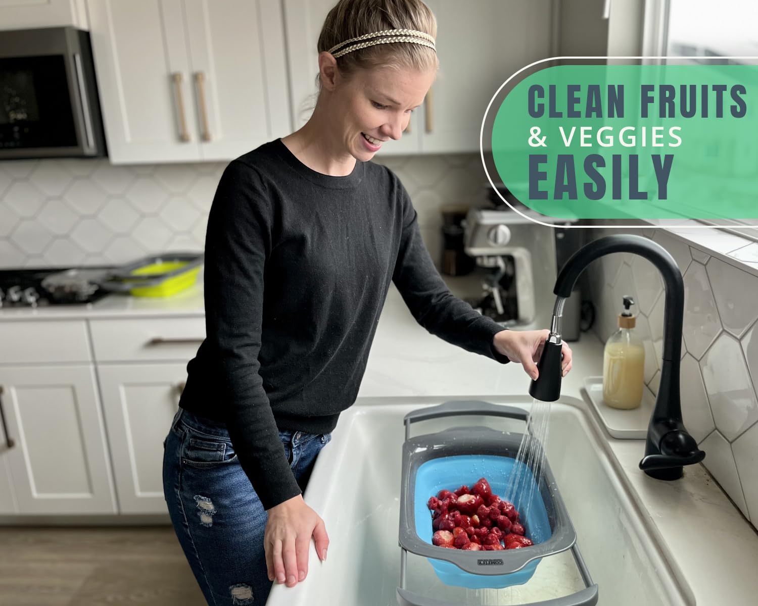 XL Large Kitchen Strainer by Comfify - Collapsible Silicone Over-The-Sink Colander with Extendable Handles - Use with Pasta, Fruit, Berries & Veggie - 6 Quart - Blue