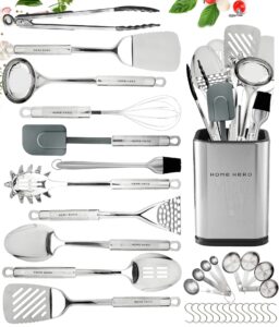 home hero 32 pcs stainless steel kitchen utensils set - nonstick stainless steel cooking utensils set - heat resistant kitchen essentials & metal kitchen gadgets (32 pcs set with utensils holder)