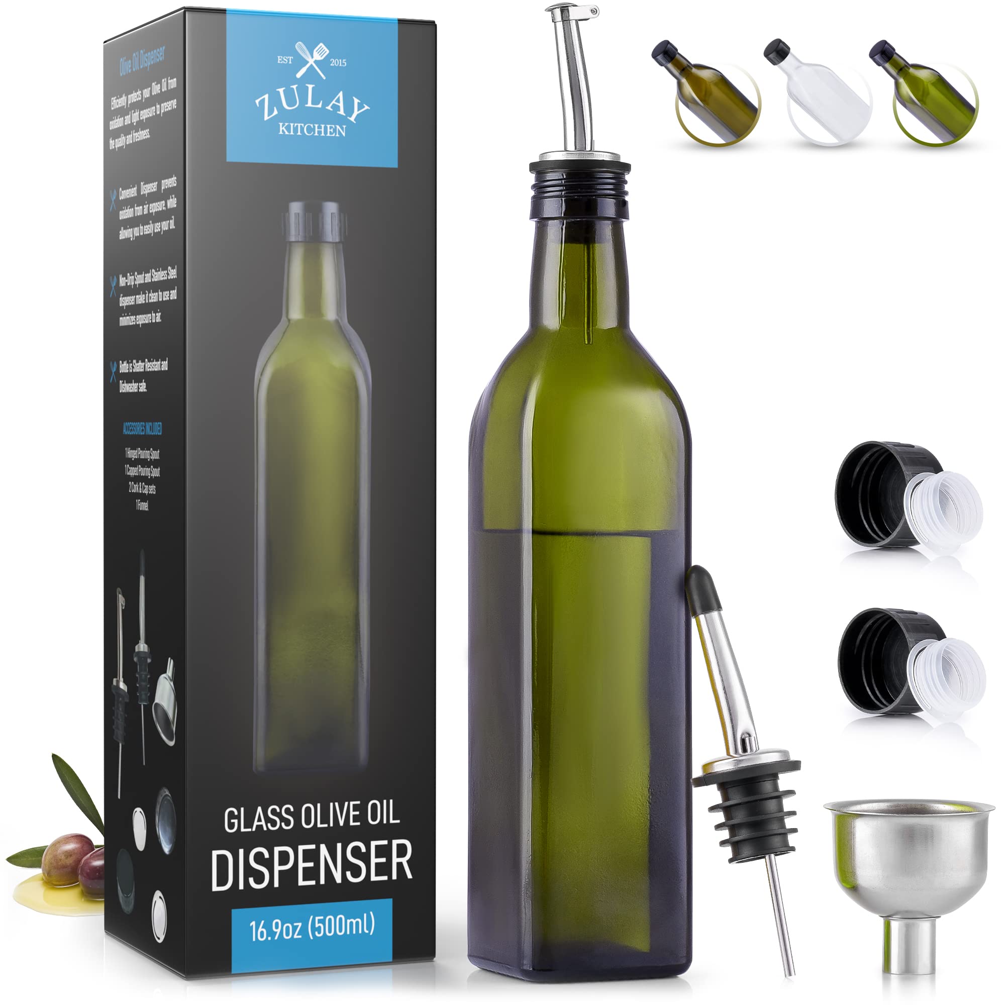 Zulay Easy to Use Olive Oil Dispenser Bottle For Kitchen - Glass Olive Oil Bottle Dispenser, Olive Oil Decanter with Spout, 17oz Olive Oil Drizzler Bottle with Pourers and Funnel, Olive Oil Holder