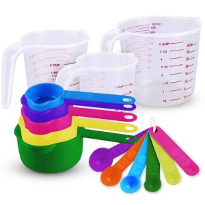 plastic measuring cups and spoons set 14 piece. includes 11 colorful measuring cups and spoons set and 3 plastic liquid measuring cups. nesting measuring set for space saving storage. dishwasher-safe