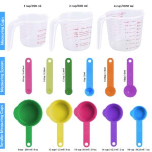 Plastic Measuring Cups and Spoons Set 14 Piece. Includes 11 Colorful Measuring Cups and Spoons Set and 3 Plastic Liquid Measuring Cups. Nesting Measuring Set for Space Saving Storage. Dishwasher-Safe