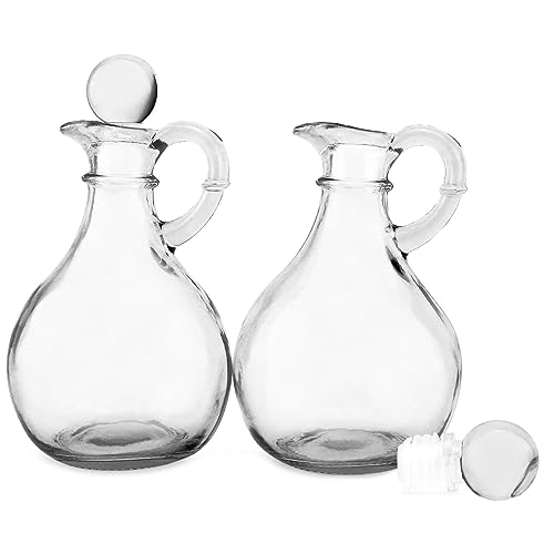 Cornucopia Glass Oil and Vinegar Cruets (Set of 2); Round Glass Oil Dispenser Bottles with Stoppers