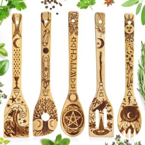 witchy halloween utensils laser engraved 5 elements bamboo large cooking utensils set cottagecore kitchen witch gift romantic mother's day gifts