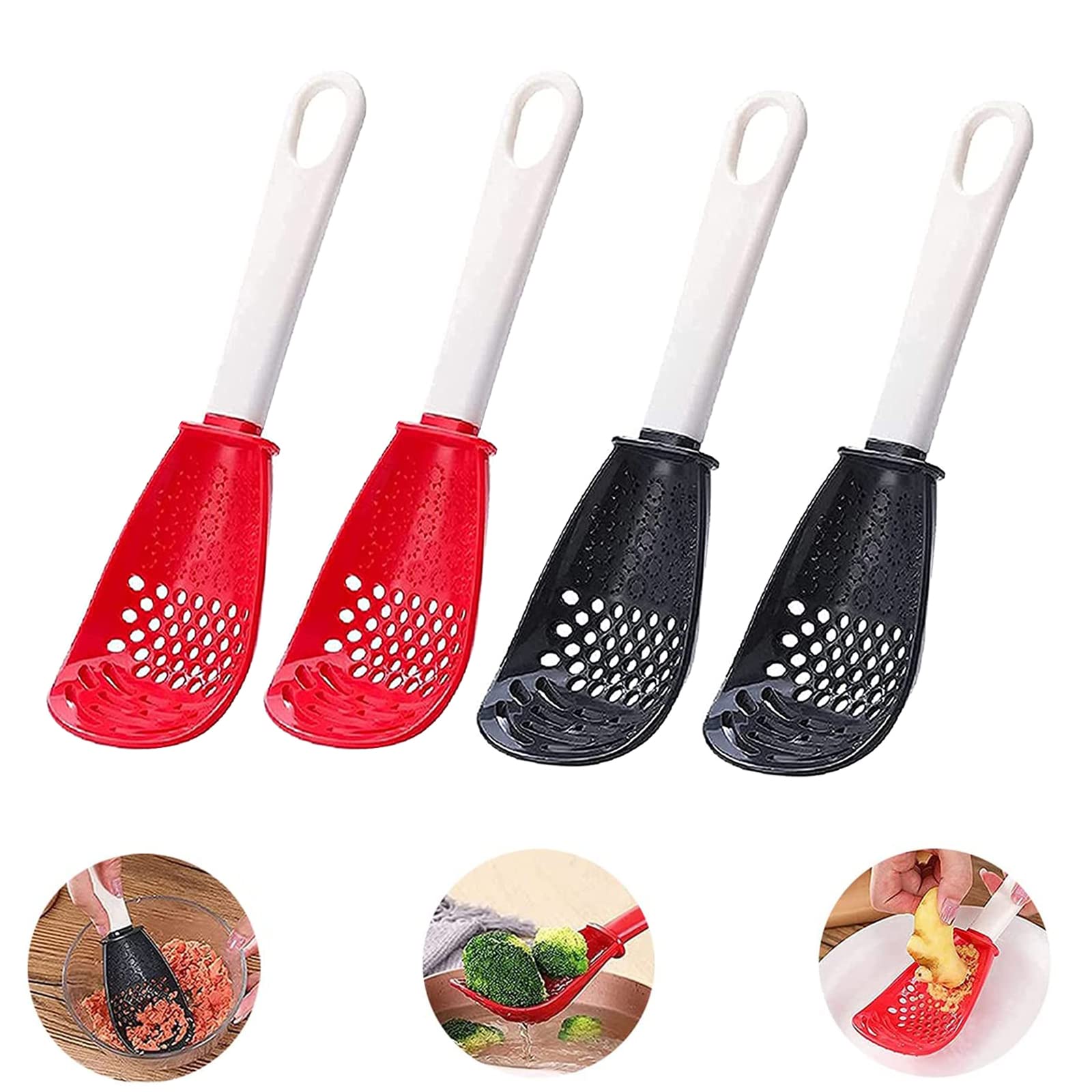 Xesakesi 4 PCS Multifunctional Cooking Spoon, All Purpose Kitchen Tool Skimmer Scoop Colander Strainer Grater Masher, Food-Grade High Temperature Resistant Cooking Gadgets, Plastic (2Red+2Black)