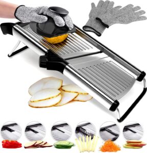 mandoline slicer – 6-setting adjustable mandoline slicer for kitchen, 16.5 x 5 in. platform, hand guard, cut-resistant gloves – vegetable chopper, meat slicer, cheese slicer by medove