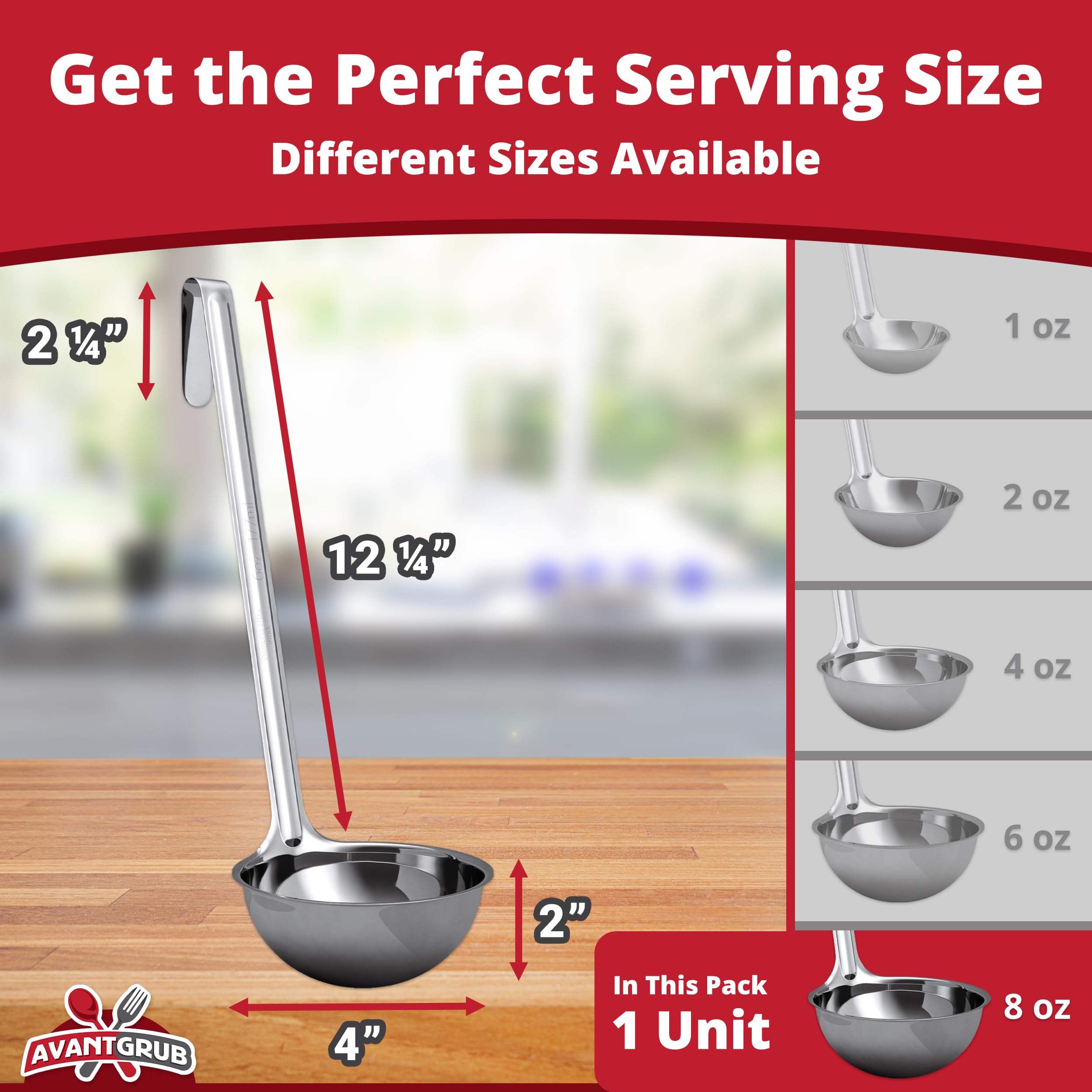 Super Sturdy, Ergonomic 8 Oz. Soup Ladle 1 Pk. Stainless Steel Ladles with Long Handles. Best Kitchen Accessories for Stirring, Portioning and Serving Soups, Chili and Stew in Restaurants and at Home