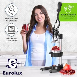 Eurolux Cast Iron Citrus Juicer | Extra-Large Commercial Grade Manual Hand Press | Heavy Duty Countertop Squeezer for Fresh Orange Juice (Bonus Stainless Steel Cup) (Black)