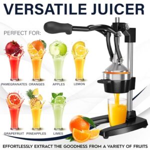 Eurolux Cast Iron Citrus Juicer | Extra-Large Commercial Grade Manual Hand Press | Heavy Duty Countertop Squeezer for Fresh Orange Juice (Bonus Stainless Steel Cup) (Black)