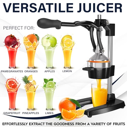 Eurolux Cast Iron Citrus Juicer | Extra-Large Commercial Grade Manual Hand Press | Heavy Duty Countertop Squeezer for Fresh Orange Juice (Bonus Stainless Steel Cup) (Black)