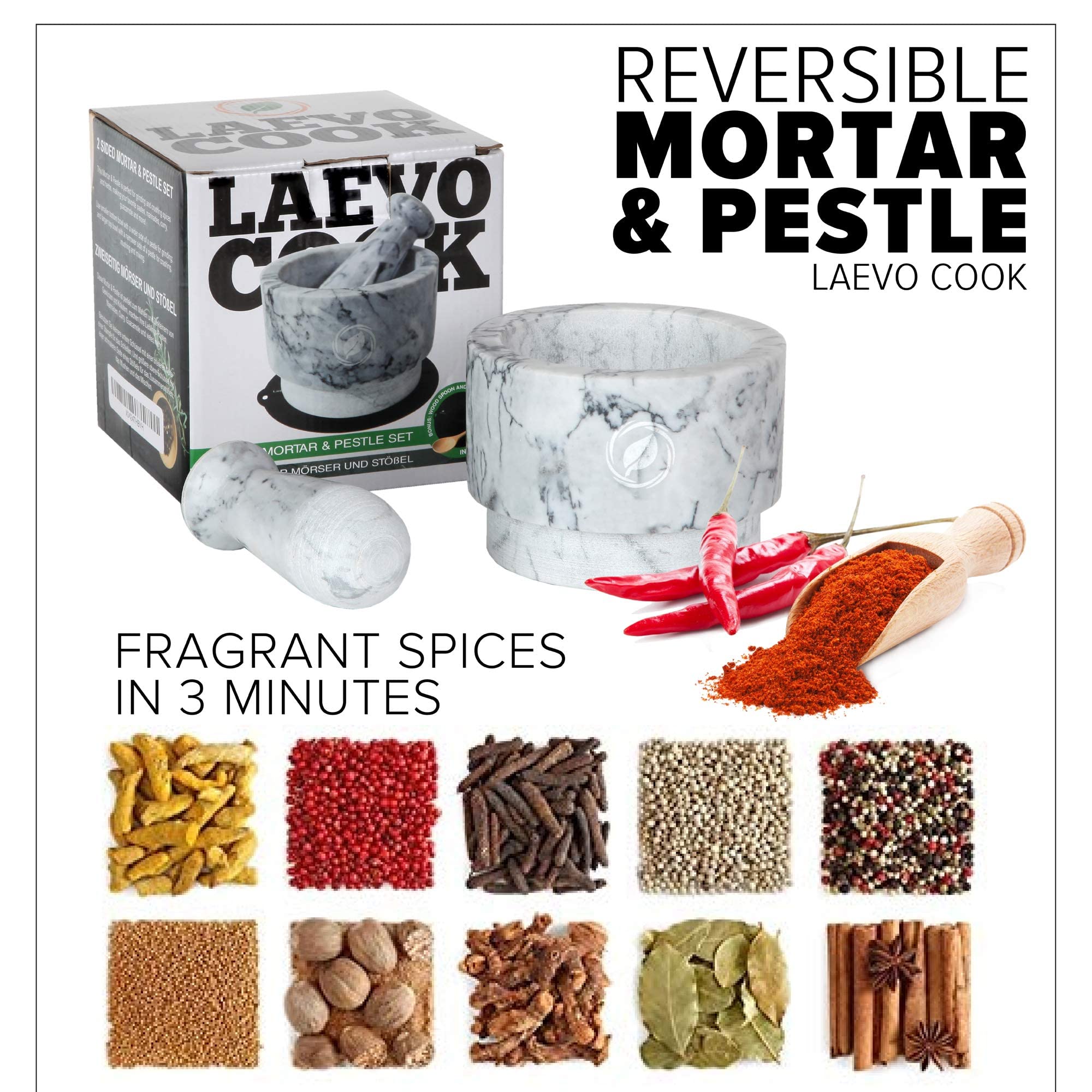 Laevo White Marble Mortar and Pestle Set (Large) | Stone Spice Grinder | 2.1 Cup Capacity | 5.5 inch | Reversible | Molcajete Mexicano | Guacamole, Pesto, Spices | Large Mortar & Pestles | Gift Set