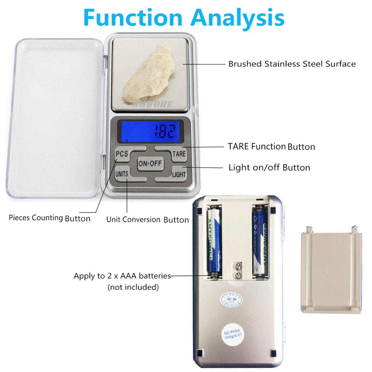 WOWOHE Food Travel Scale Portable Pocket Scale Gram Capacity 500g Degital Kitchen Small Miniature Scale Lab Measuring Scale High Precision