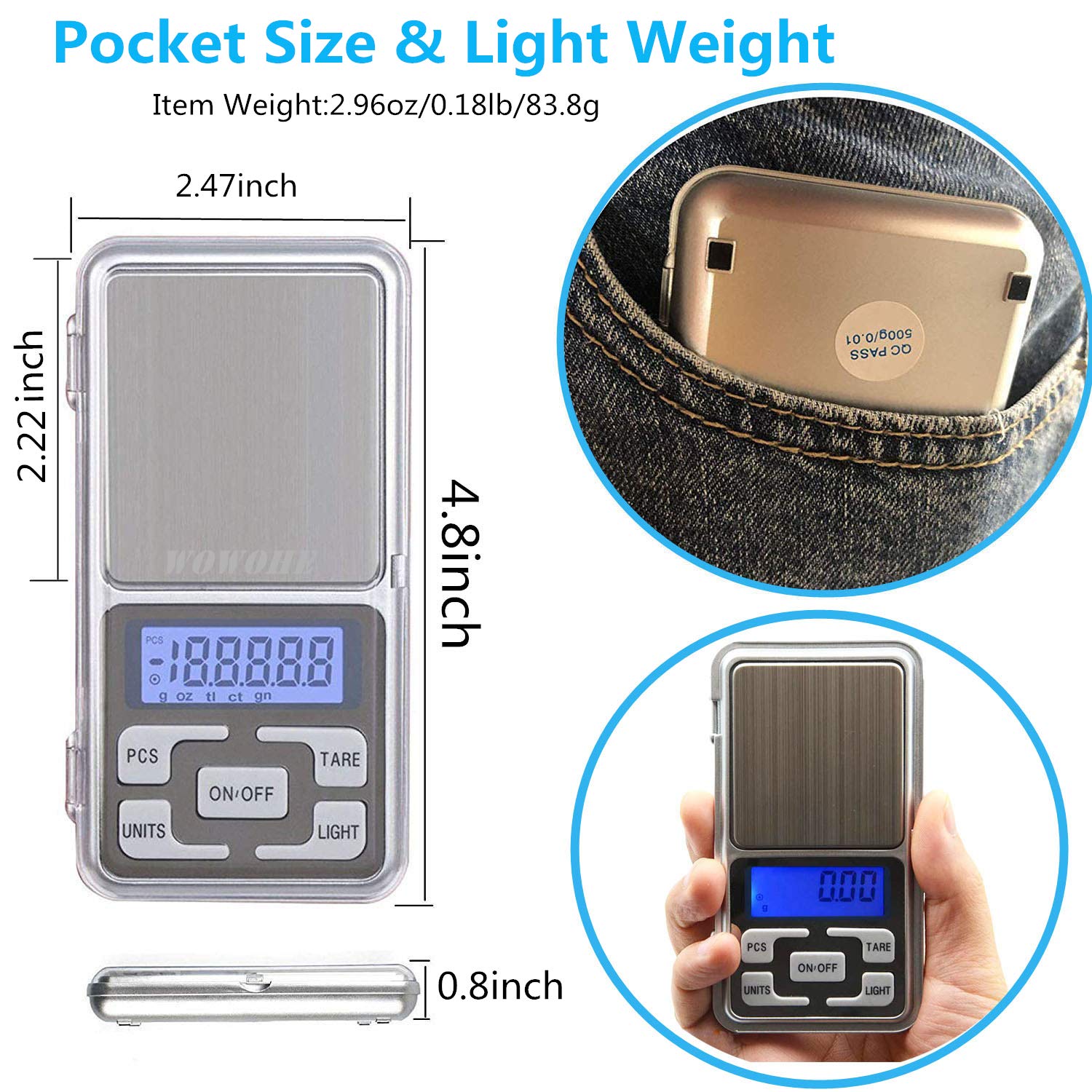 WOWOHE Food Travel Scale Portable Pocket Scale Gram Capacity 500g Degital Kitchen Small Miniature Scale Lab Measuring Scale High Precision