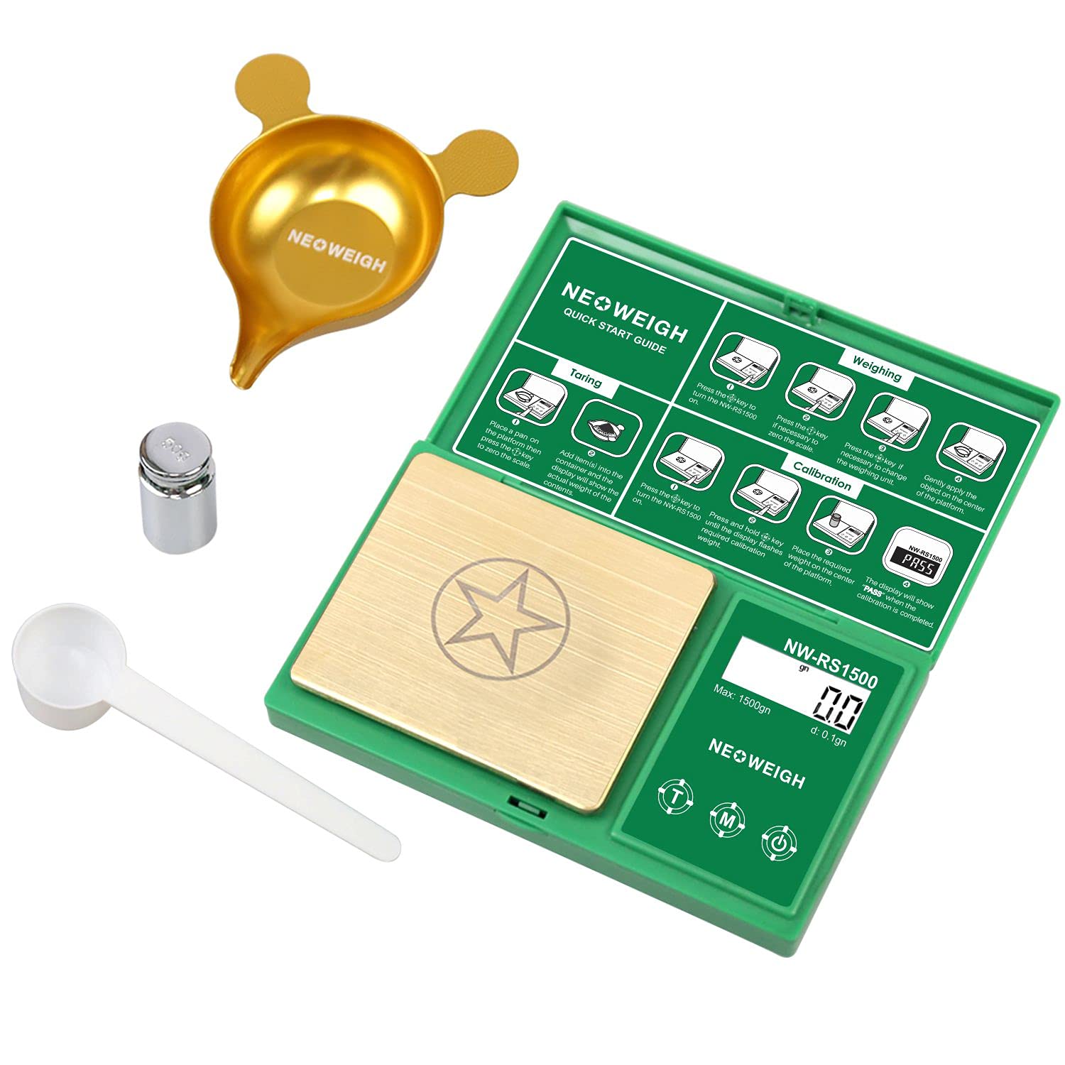 NEOWEIGH Reloading Scale, Powder Scale for Reloading, 1500 grains x 0.1 gn, Digital Powder Scale, Arrow Scale, Archery Scale, 100g by 0.01g, Metal Pan, Powder Scoop,50g Cal Weight (Batteries Included)