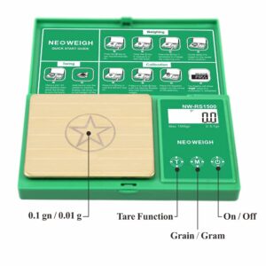 NEOWEIGH Reloading Scale, Powder Scale for Reloading, 1500 grains x 0.1 gn, Digital Powder Scale, Arrow Scale, Archery Scale, 100g by 0.01g, Metal Pan, Powder Scoop,50g Cal Weight (Batteries Included)