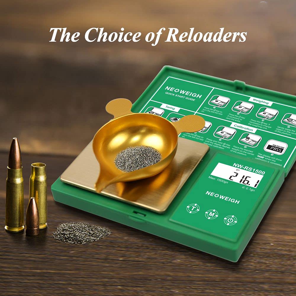 NEOWEIGH Reloading Scale, Powder Scale for Reloading, 1500 grains x 0.1 gn, Digital Powder Scale, Arrow Scale, Archery Scale, 100g by 0.01g, Metal Pan, Powder Scoop,50g Cal Weight (Batteries Included)