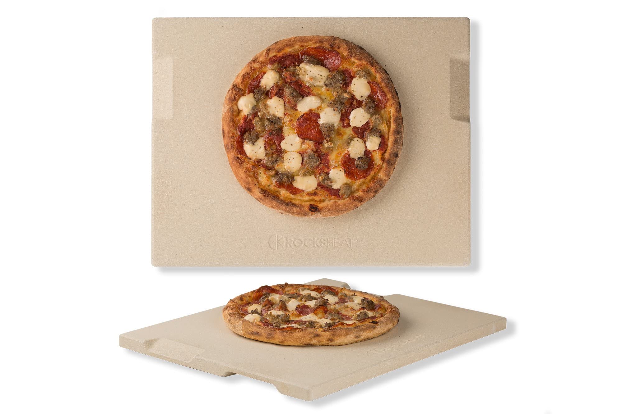 ROCKSHEAT Pizza Stone 12in x 15in Rectangular Baking & Grilling Stone, Perfect for Oven, BBQ and Grill. Innovative Double - faced Built - in 4 Handles Design