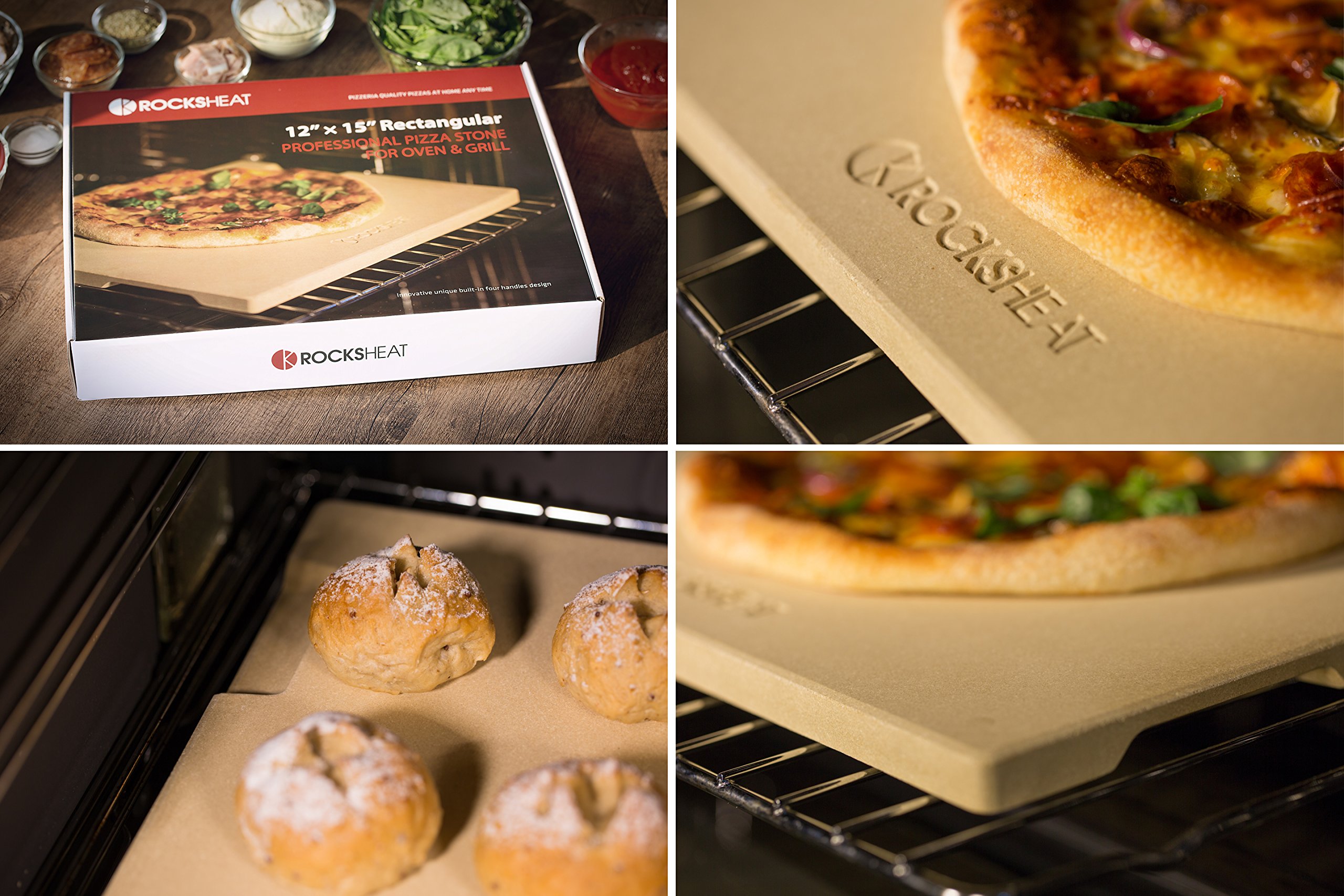 ROCKSHEAT Pizza Stone 12in x 15in Rectangular Baking & Grilling Stone, Perfect for Oven, BBQ and Grill. Innovative Double - faced Built - in 4 Handles Design