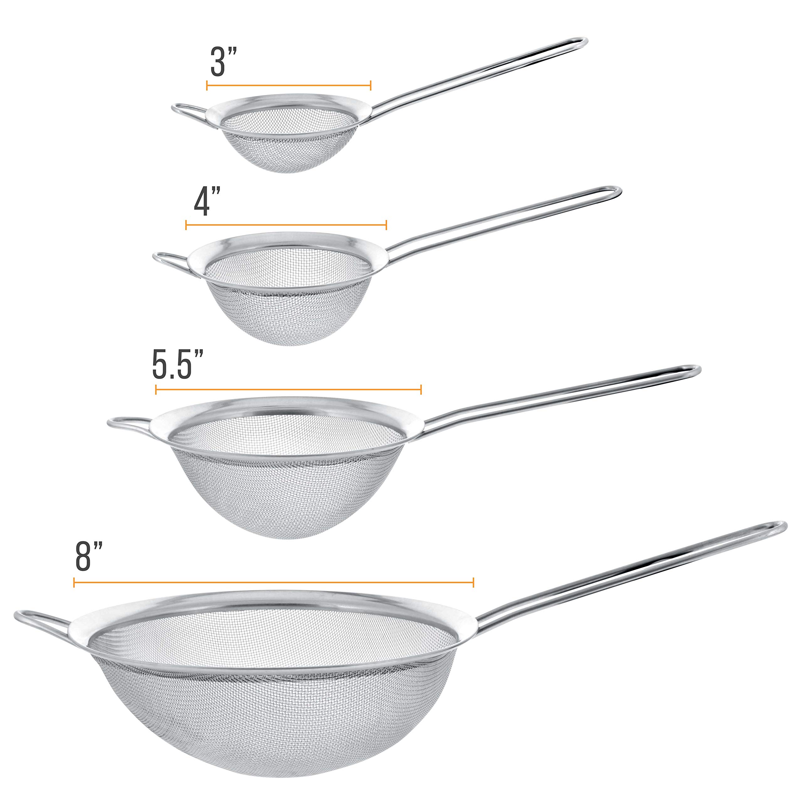 U.S. Kitchen Supply - Set of 4 Premium Quality Fine Mesh Stainless Steel Strainers - 3", 4", 5.5" and 8" Sizes - Sift, Strain, Drain and Rinse Vegetables, Pastas & Tea