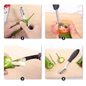 Jalapeno Pepper Corer & Zucchini/Cucumber Corer, Set of 2, Newness Stainless Steel Core Deseeder Kitchen Tool with Serrated Slice and Rubber Handle, Easy for Seed Remover or Slice off Vegetables tops