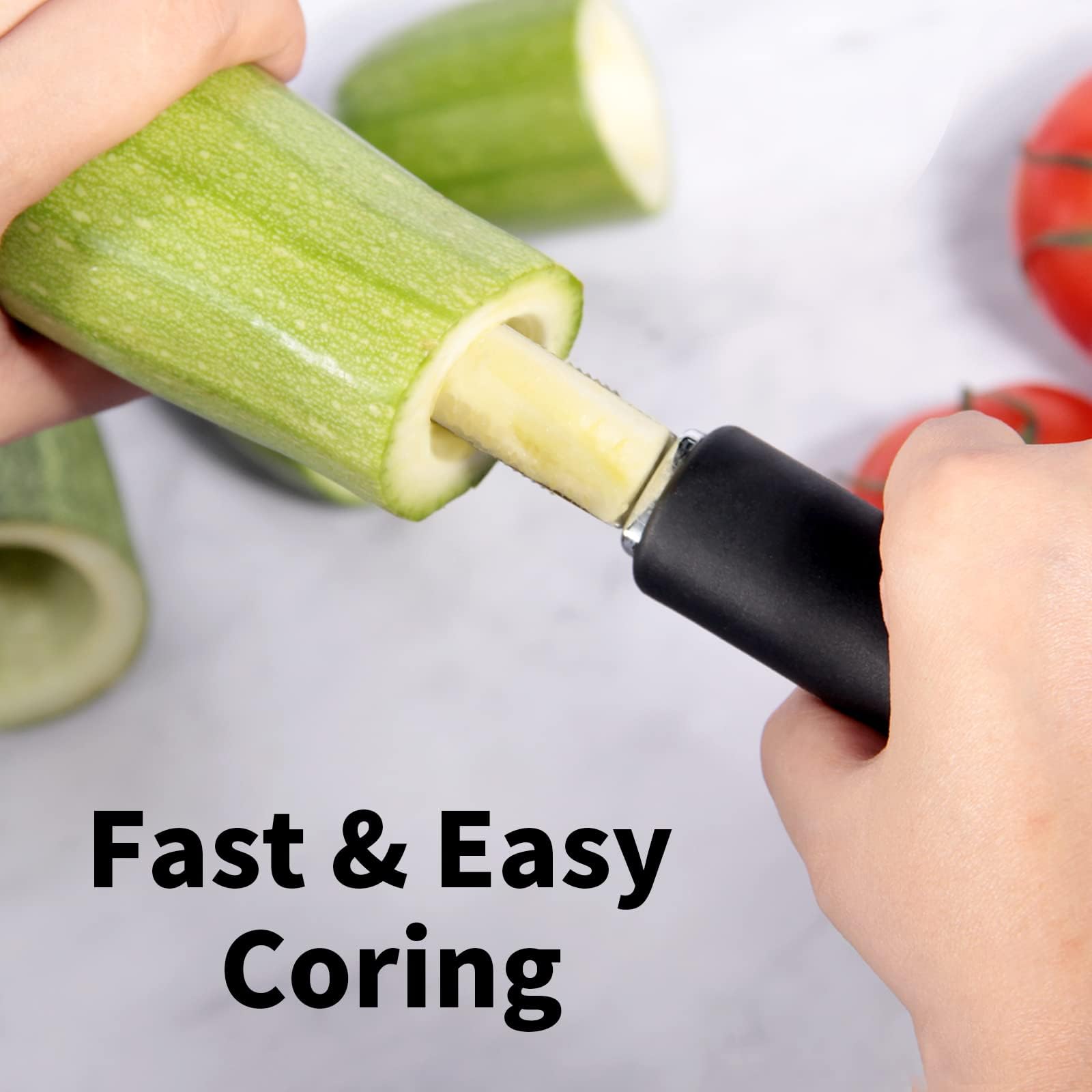 Jalapeno Pepper Corer & Zucchini/Cucumber Corer, Set of 2, Newness Stainless Steel Core Deseeder Kitchen Tool with Serrated Slice and Rubber Handle, Easy for Seed Remover or Slice off Vegetables tops