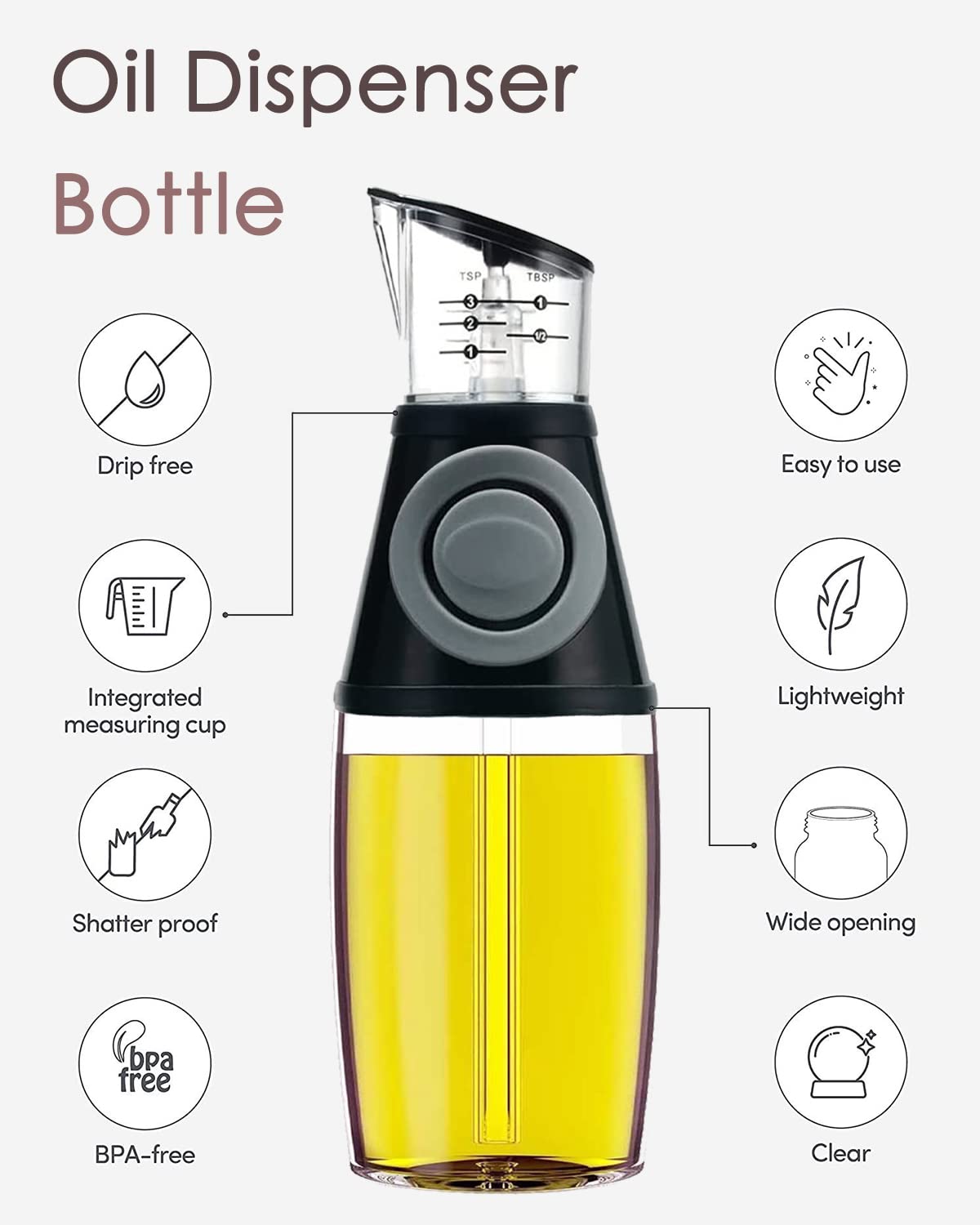 KITLAB Oil Dispenser Bottle, 8.5oz Olive Oil Dispenser Oil Sprayer, Clear Glass Refillable Oil and Vinegar Dispenser Bottle with Measuring Scale Pump for Kitchen, Cooking, Salads, Baking Frying