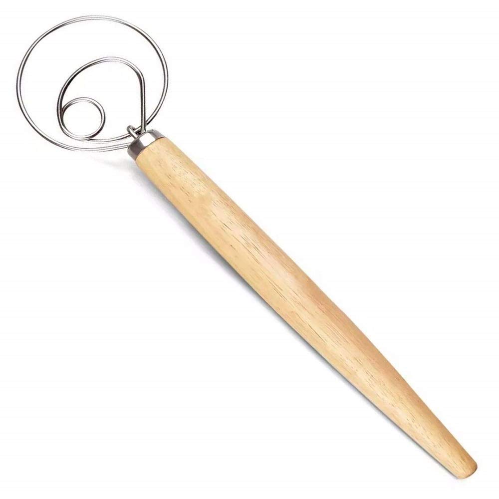 Danish Dough Whisk Bread Making Tools Stainless Steel Danish Dough Hook Bread Dough Mixer Hand Bread Dough Whisk for Pastry, Baking Cake, Dessert, Sourdough, Pizza, with Wooden Handle, 13 inch