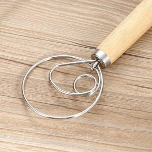 Danish Dough Whisk Bread Making Tools Stainless Steel Danish Dough Hook Bread Dough Mixer Hand Bread Dough Whisk for Pastry, Baking Cake, Dessert, Sourdough, Pizza, with Wooden Handle, 13 inch