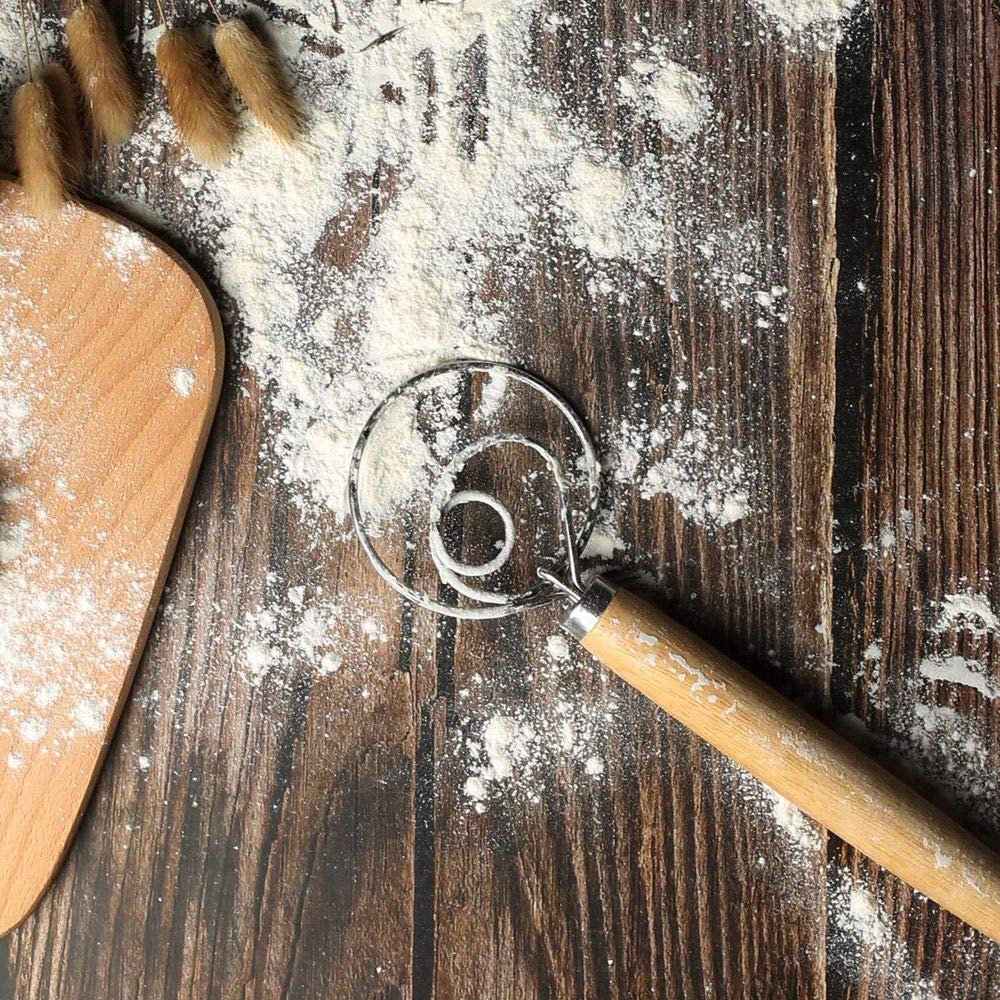 Danish Dough Whisk Bread Making Tools Stainless Steel Danish Dough Hook Bread Dough Mixer Hand Bread Dough Whisk for Pastry, Baking Cake, Dessert, Sourdough, Pizza, with Wooden Handle, 13 inch