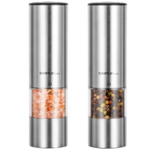 simpletaste electric salt and pepper grinder set, automatic one handed,stainless grinders with lights and adjustable coarseness,battery operated