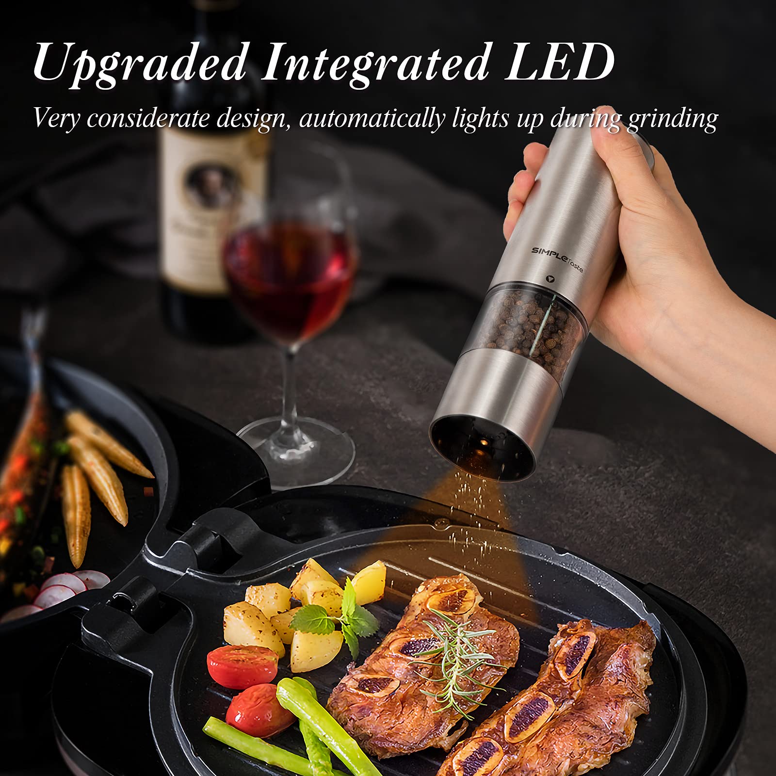 SIMPLETASTE Electric Salt and Pepper Grinder Set, Automatic One Handed,Stainless Grinders with Lights and Adjustable Coarseness,Battery Operated