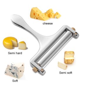 NANEEZOO Cheese Slicer, Adjustable Thickness Heavy Duty Stainless Steel Cheese Slicers With Wire for Soft & Semi-Hard Cheeses - 4 Replacement Stainless Steel Cutting Wire Included (Silver)